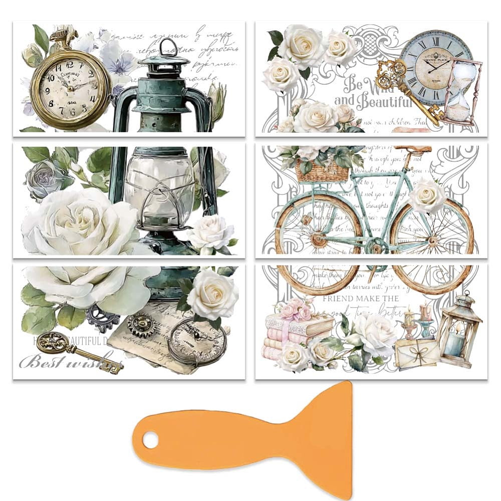 6Pcs/Set Vintage Bike Rub on Transfers for Furniture and Craft 12x6 Inch White Floral Lamp ...