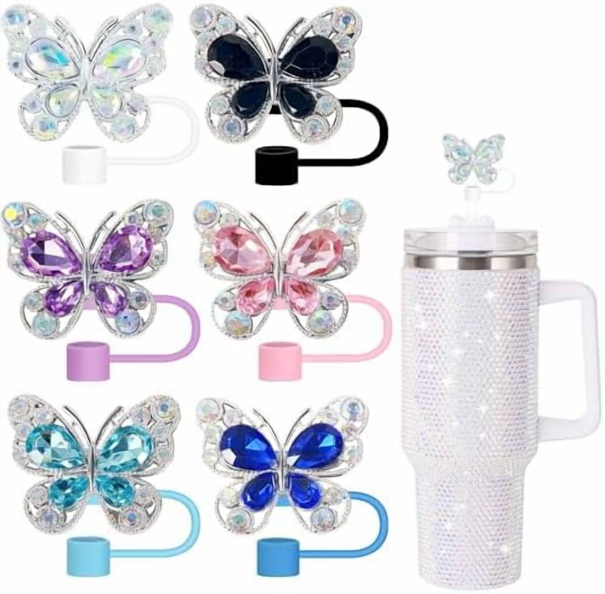 6Pcs Shiny Straw Toppers, Colorful Diamond Butterfly Straw Covers Cap ...