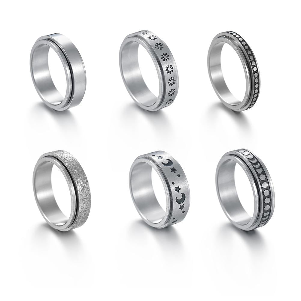 6Pcs Stainless Steel Rings for Women, Anxiety Ring, Rotating Ring with ...
