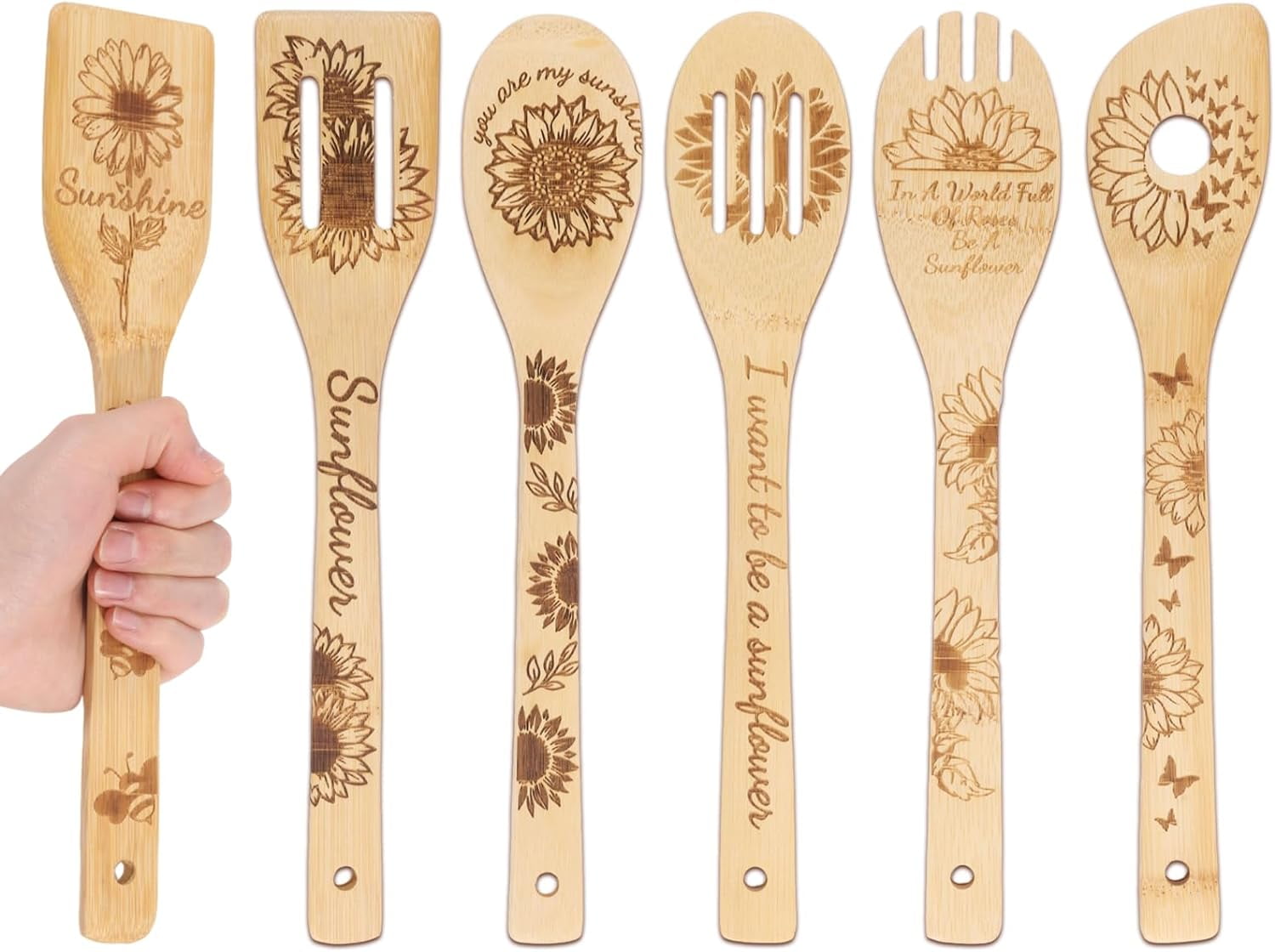 6Pcs Sunflowers Bamboo Cooking Utensils Wooden Engraved Cooking Spoons ...