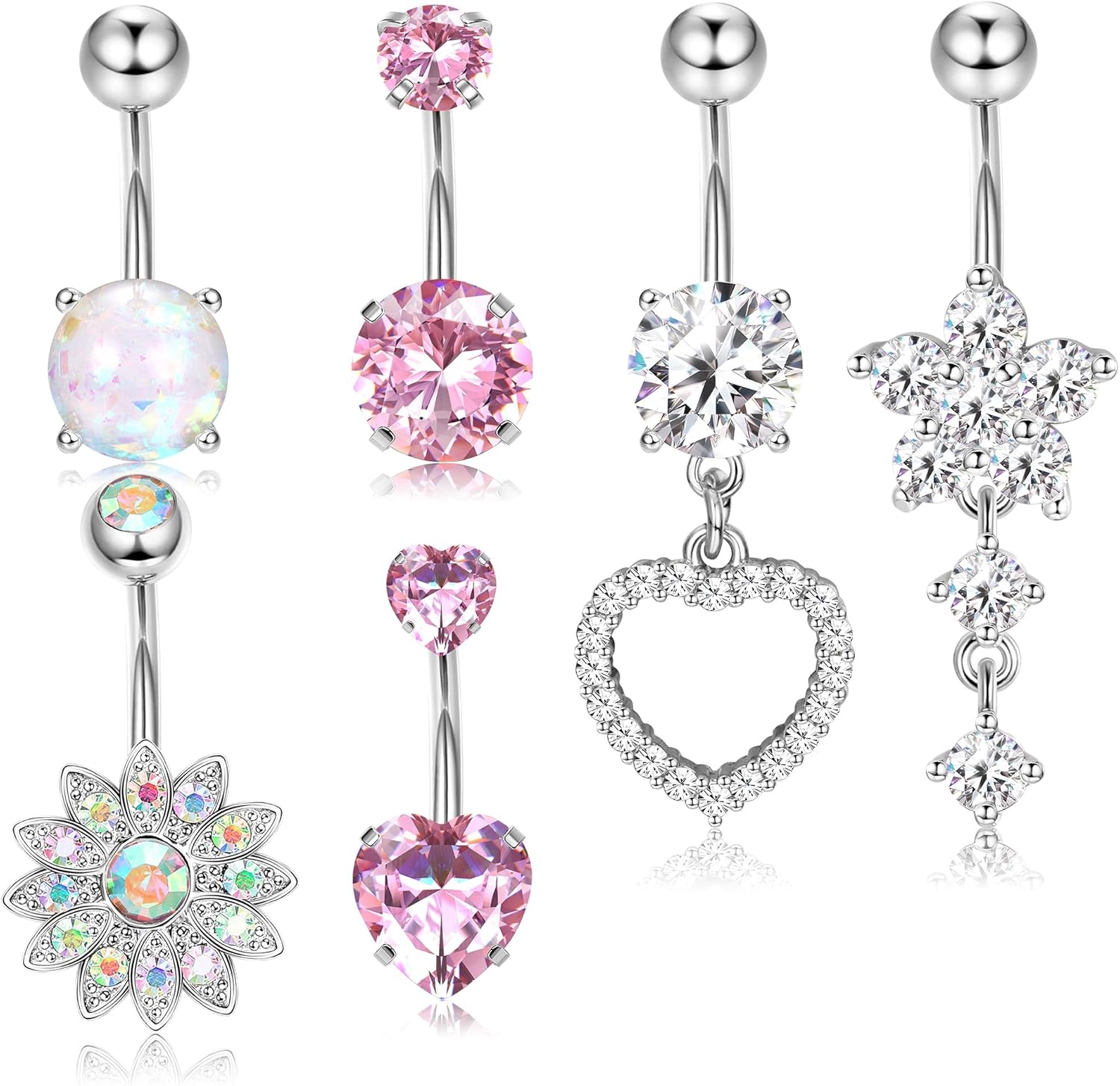 6Pcs Surgical Stainless Steel Dangle Pink Belly Button Rings For Women Heart Flower Cubic ...