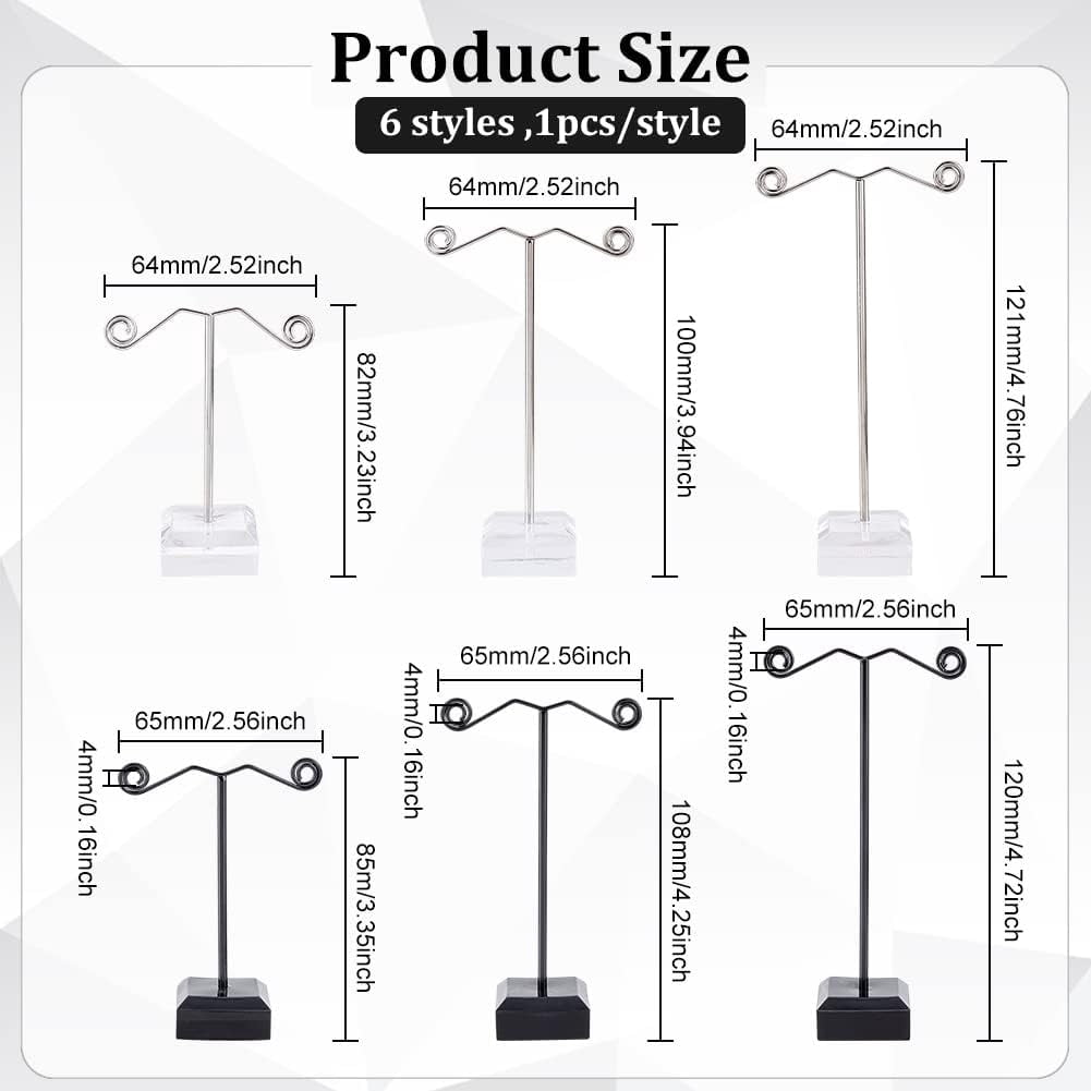 6Pcs T Shape Iron Earring Display Stand Acrylic Base 3 Size Clear/Black ...