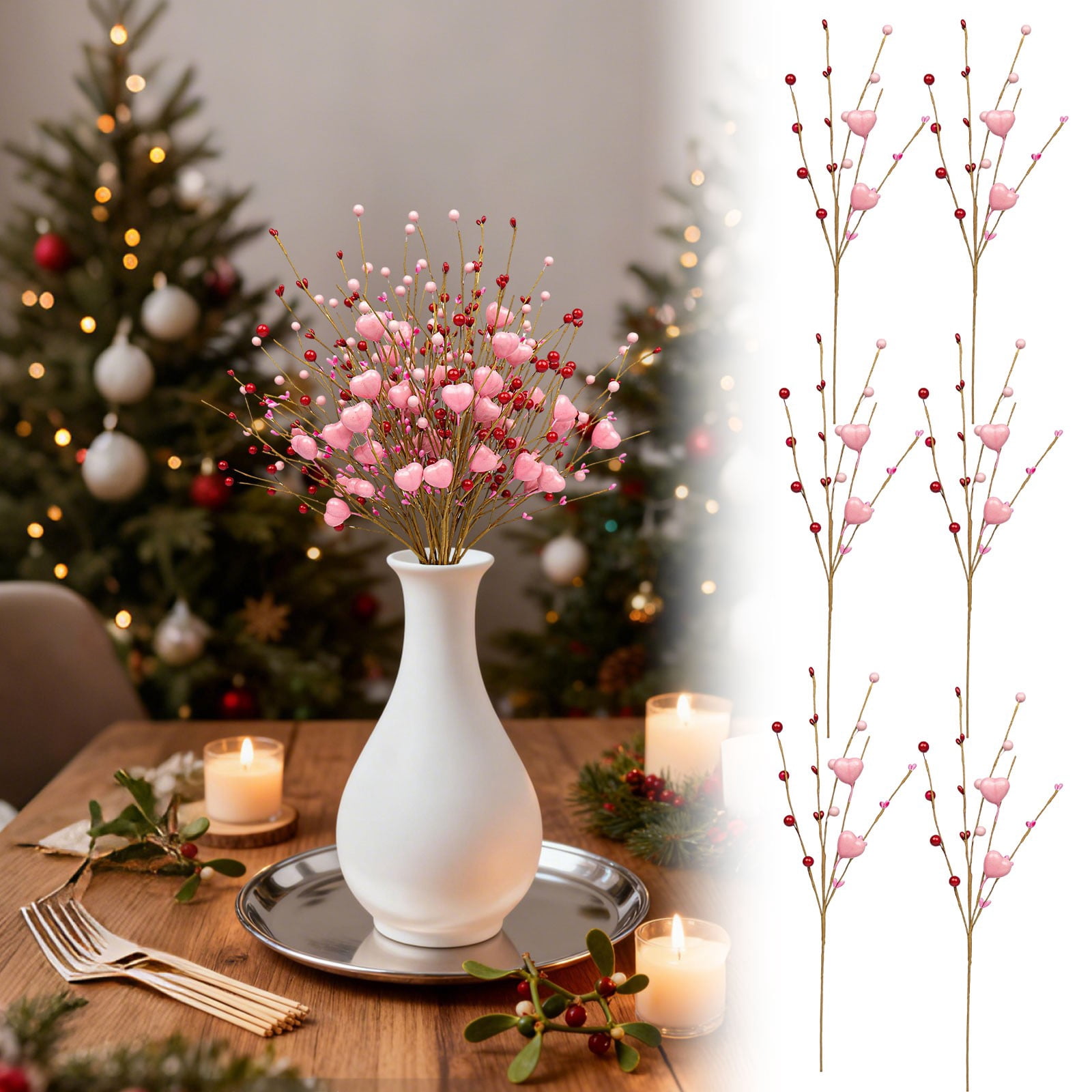 6Pcs Valentine's Day Gifts, Artificial Valentine Berry Flower Stems Red ...