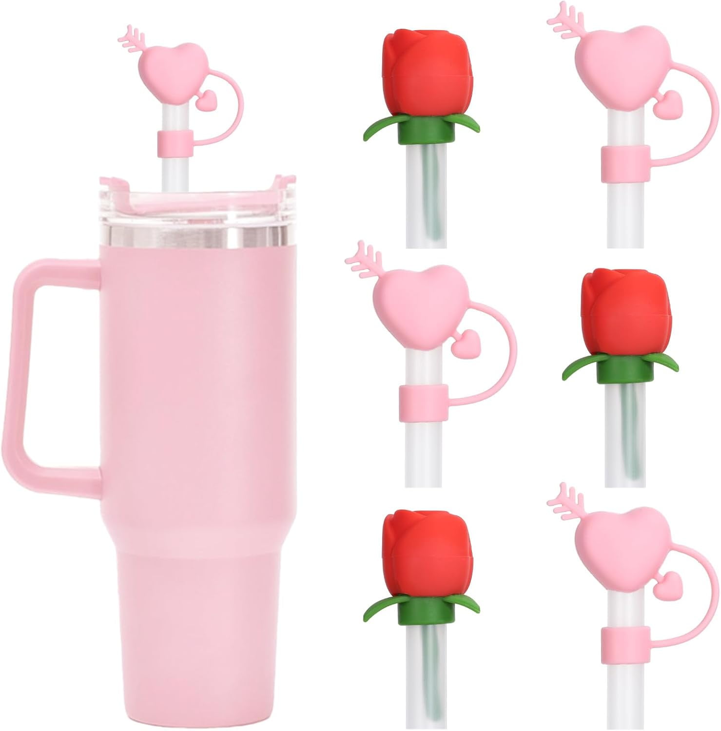 6Pcs Valentine's Day Silicone Straws Covers Pink Heart & Red Rose ...