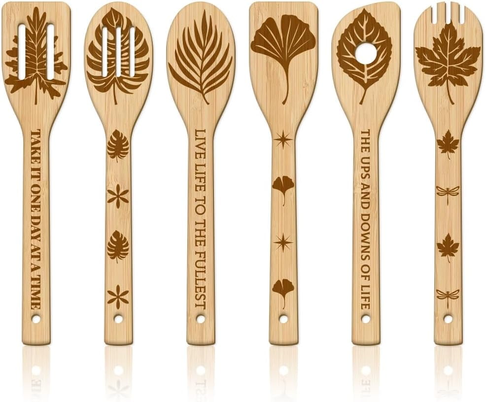6Pcs Various Leaves Bamboo Cooking Utensils Wooden Engraved Cooking ...