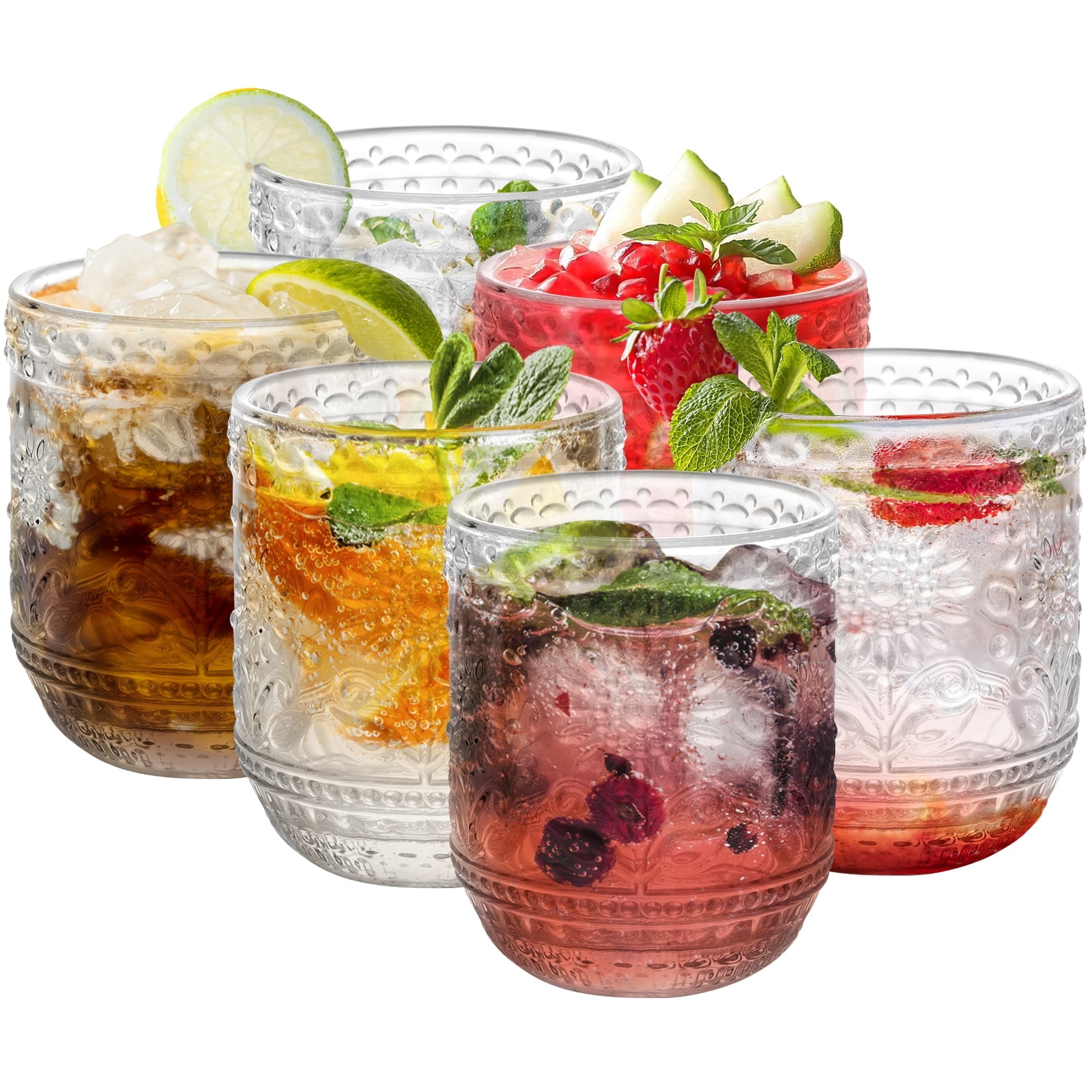 6Pcs Vintage Drinking Glasses ,12 oz Embossed Floral Drinkware Set ...