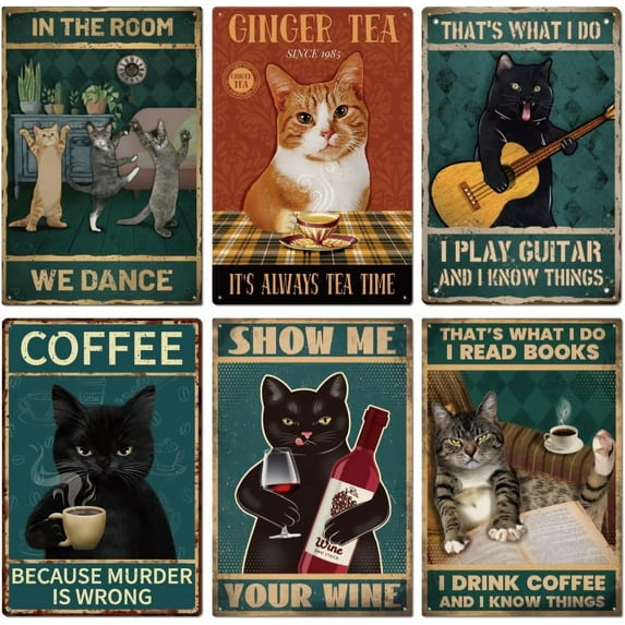 6Pcs Vintage Metal Cat Tin Sign Plaque Poster 8×12inch Retro Metal Wall ...