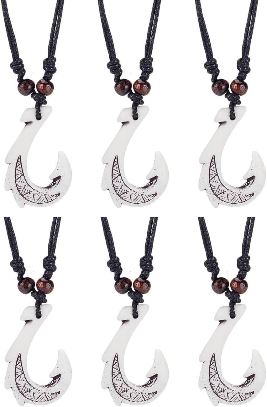 6Pcs White Hawaiian Maori Fish Hook Pendants 24 inch Resin Hook Pendant ...