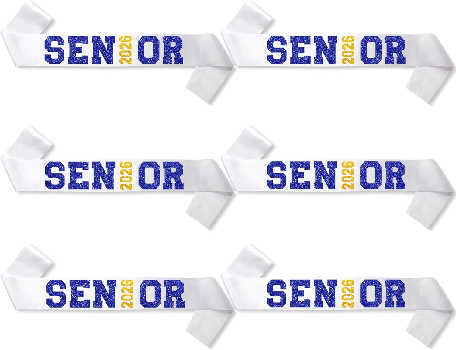 6Pcs White Senior 2026 Satin Sashes with Blue Gold Glitter Letters ...