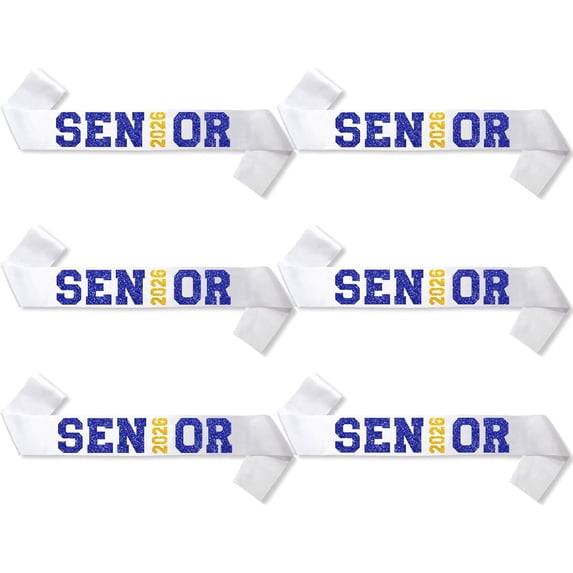 6Pcs White Senior 2026 Satin Sashes with Blue Gold Glitter Letters ...