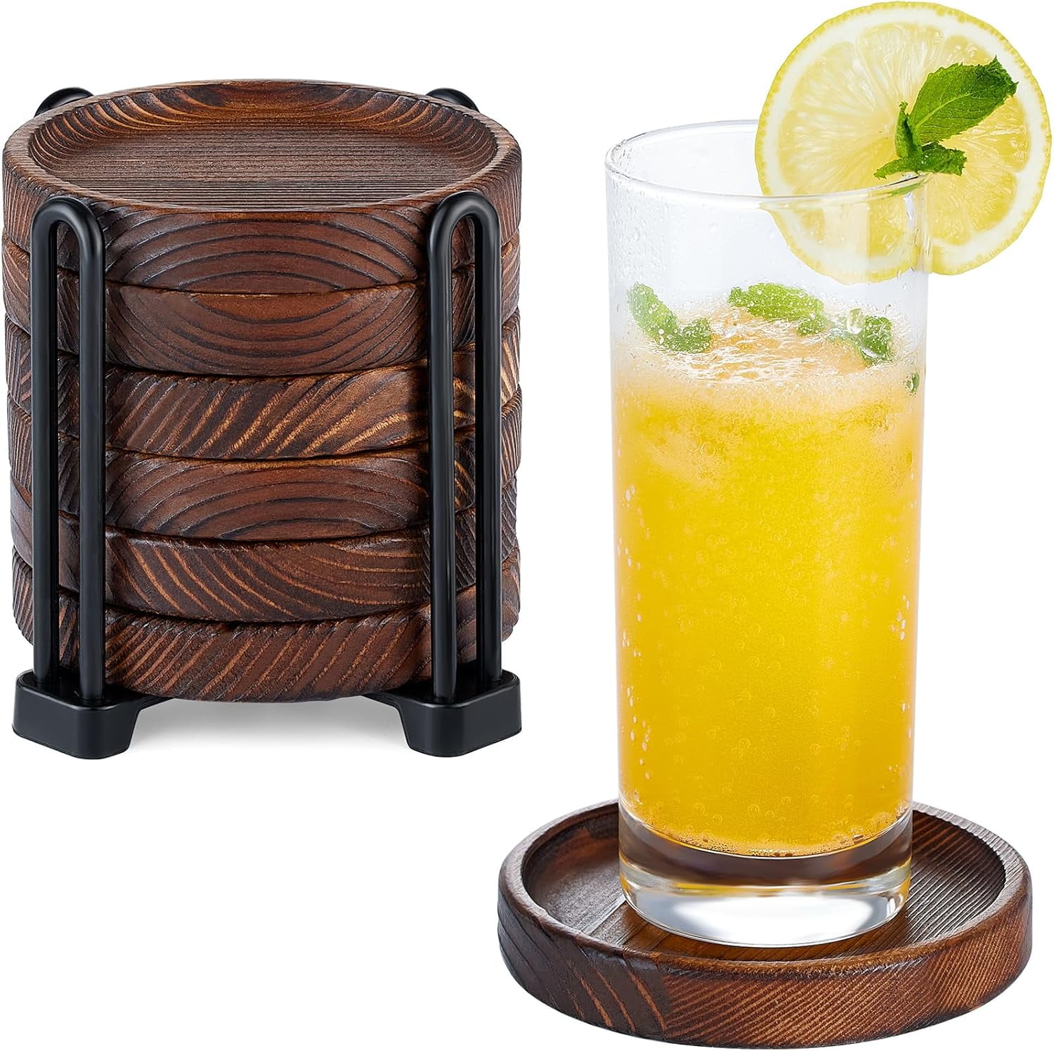 6Pcs Wooden Coasters for Drink-Acacia Wood Drink Coasters Set with ...