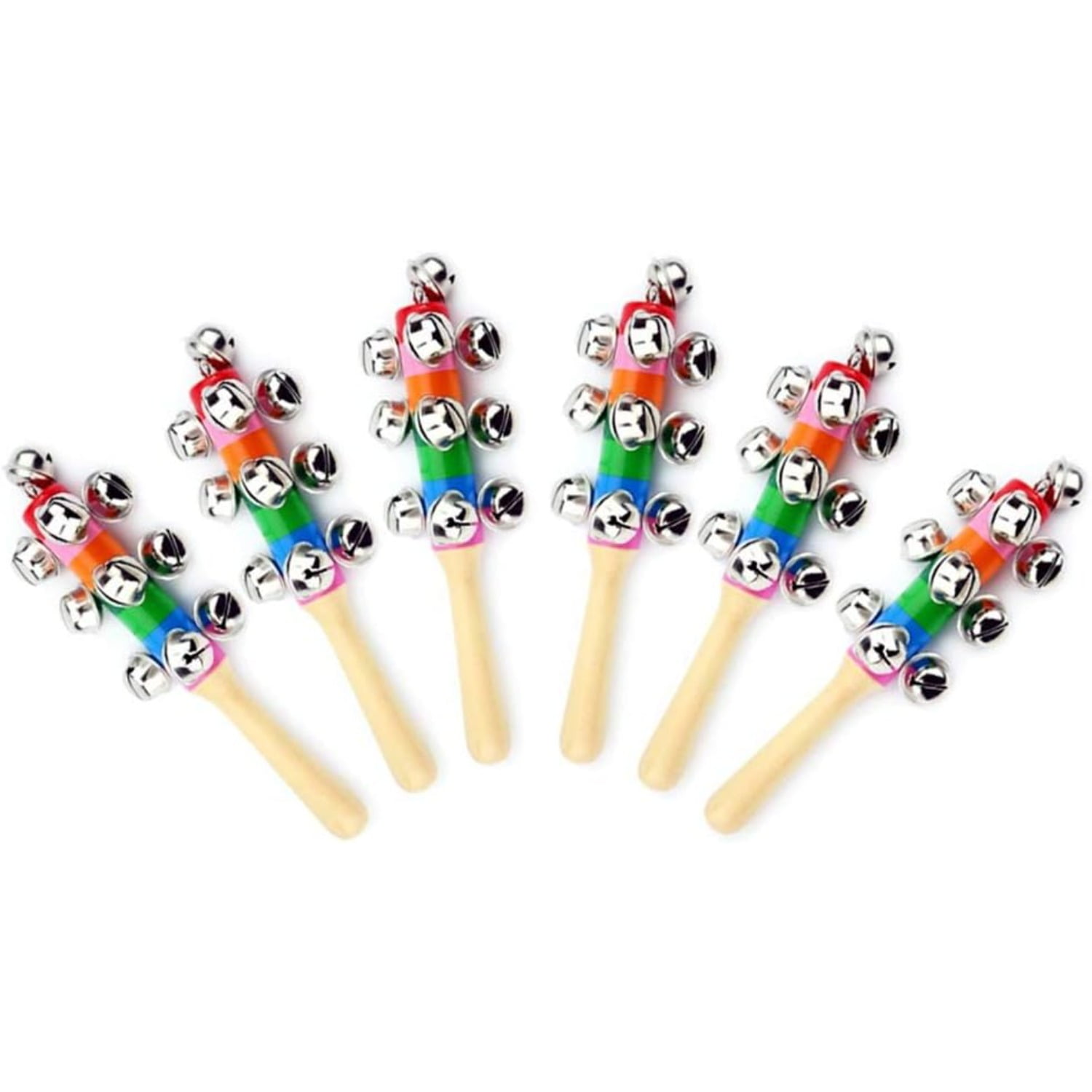 6Pcs Wooden Jingle Hand Bells,Rainbow Handle Wooden Bells Jingle Stick ...