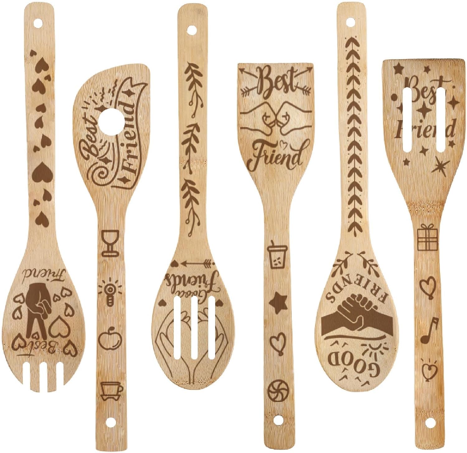 6Pcs Wooden Spoons Utensils Plam Best Friend Friendship Words Tableware ...