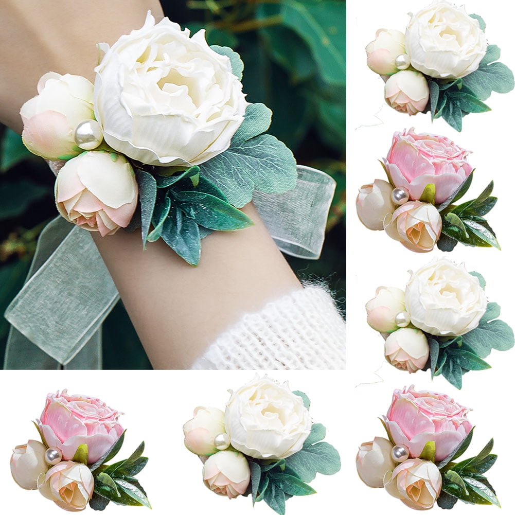 6Pcs Wristlet Band Bracelet for Bride Bridesmaid Rose Artificial ...