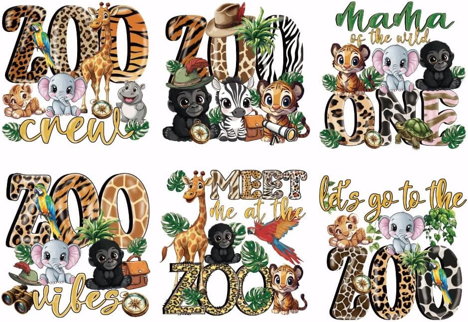6Pcs Zoo Animal Heat Transfer Stickers Animals Iron on Transfers Tiger ...