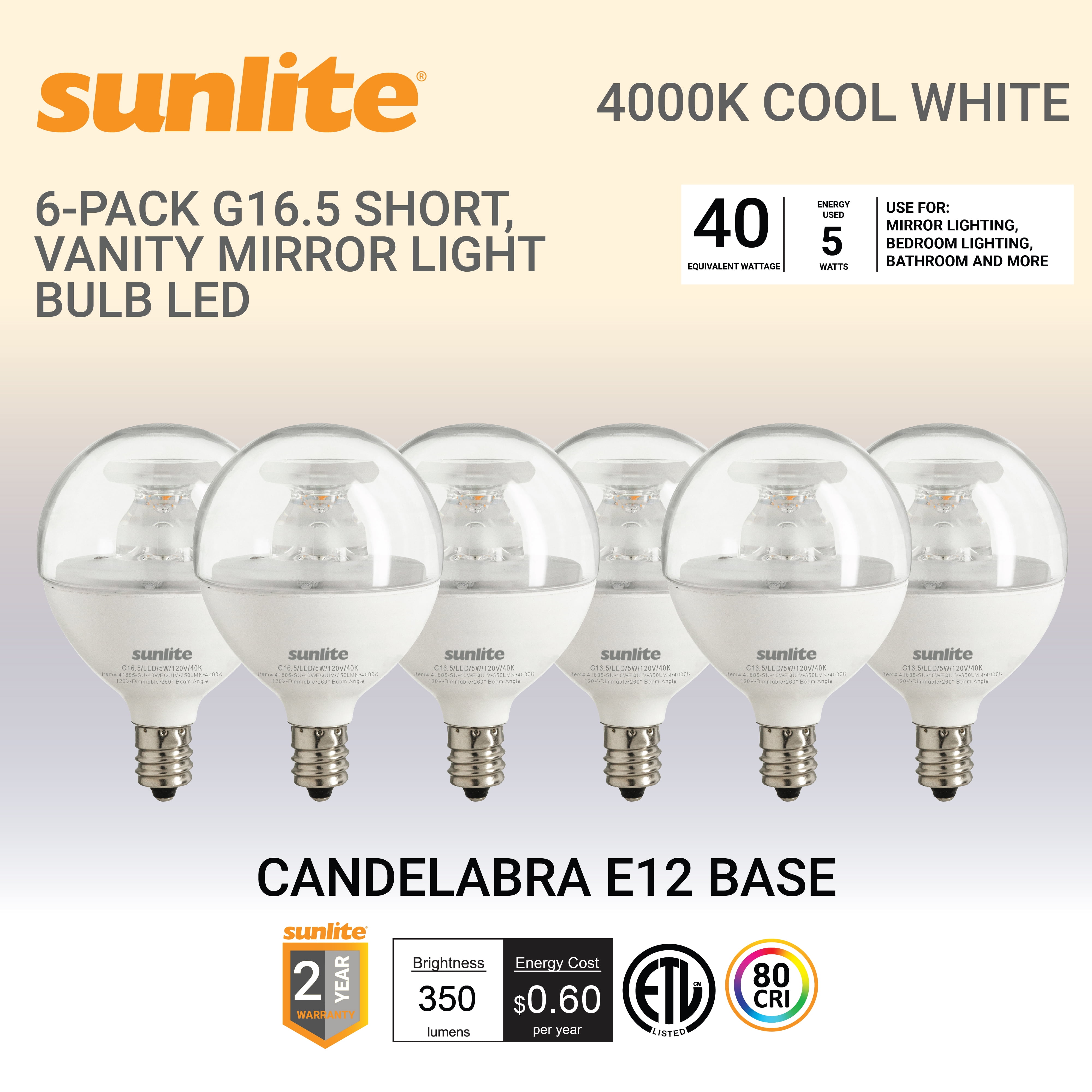 Sunlite G16.5 Light Bulb, LED, 5W (40W Equiv.), 350 Lumens, Dimmable ...