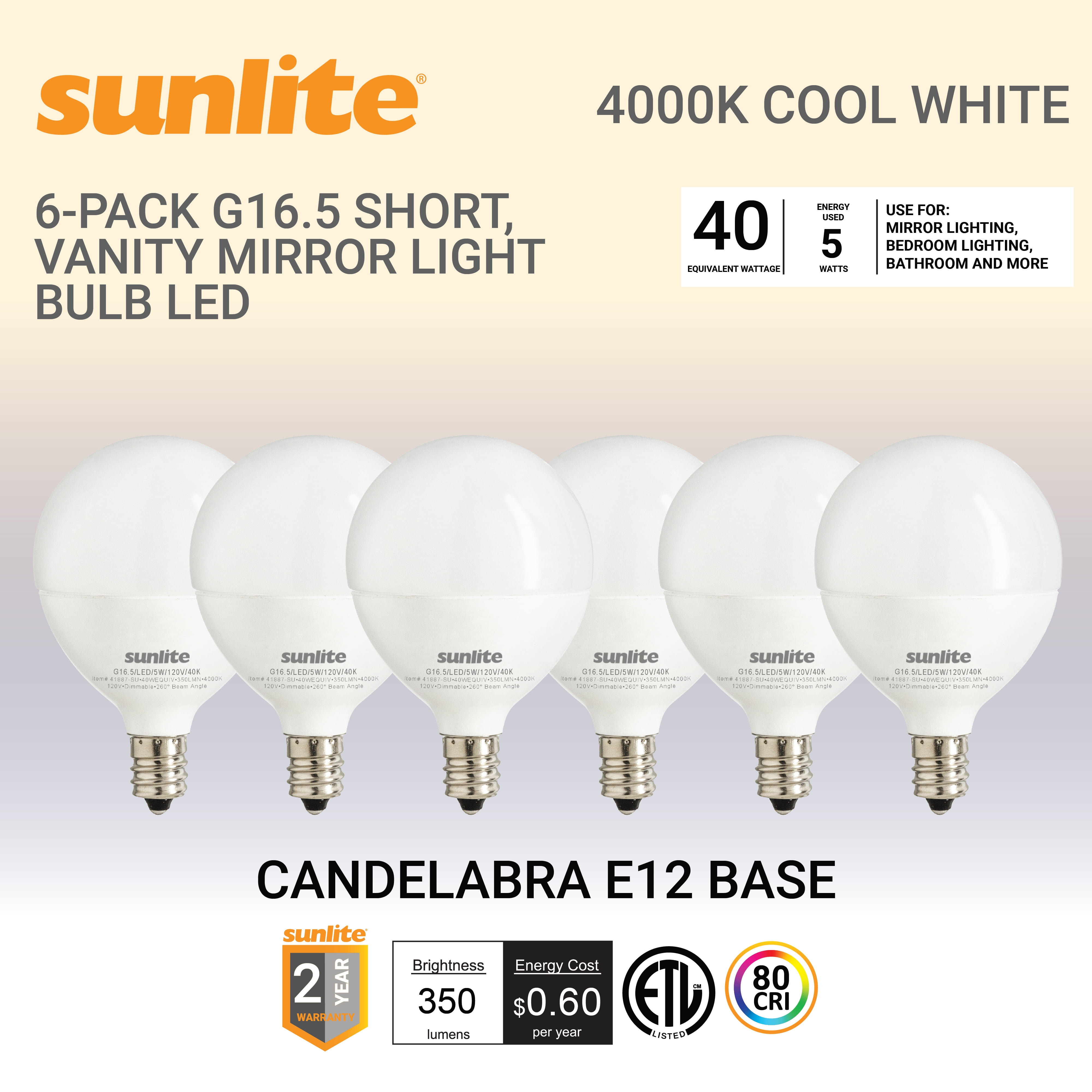 Sunlite G16.5 Light Bulb, LED, 5W (40W Equiv.), 350 Lumens, Dimmable ...