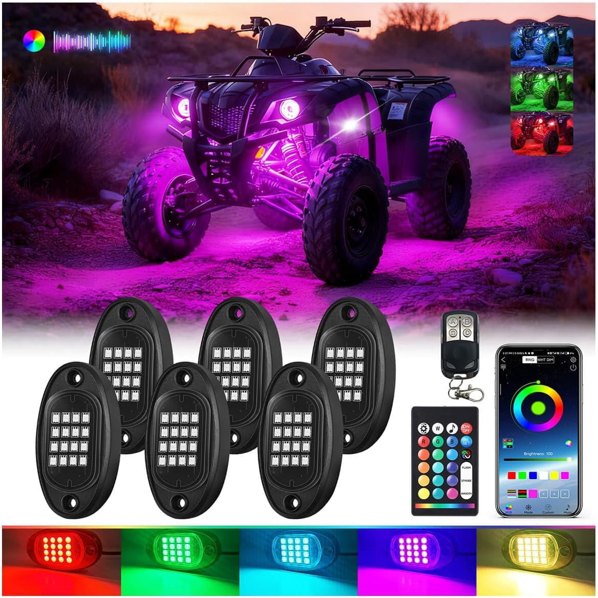 6Pods Segmented RGB LED Rock Lights Kit for ATV UTV 4 Wheeler Can-Am ...