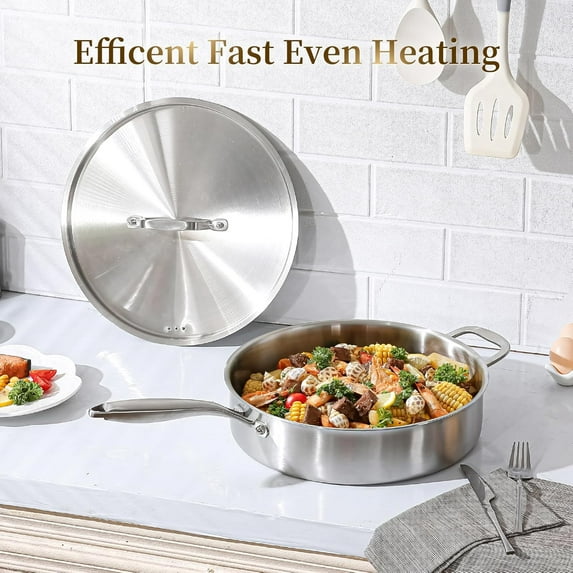 6QT Saute Pan Tri-Ply Stainless Steel Pan, 12Inch Deep Frying Pan with ...