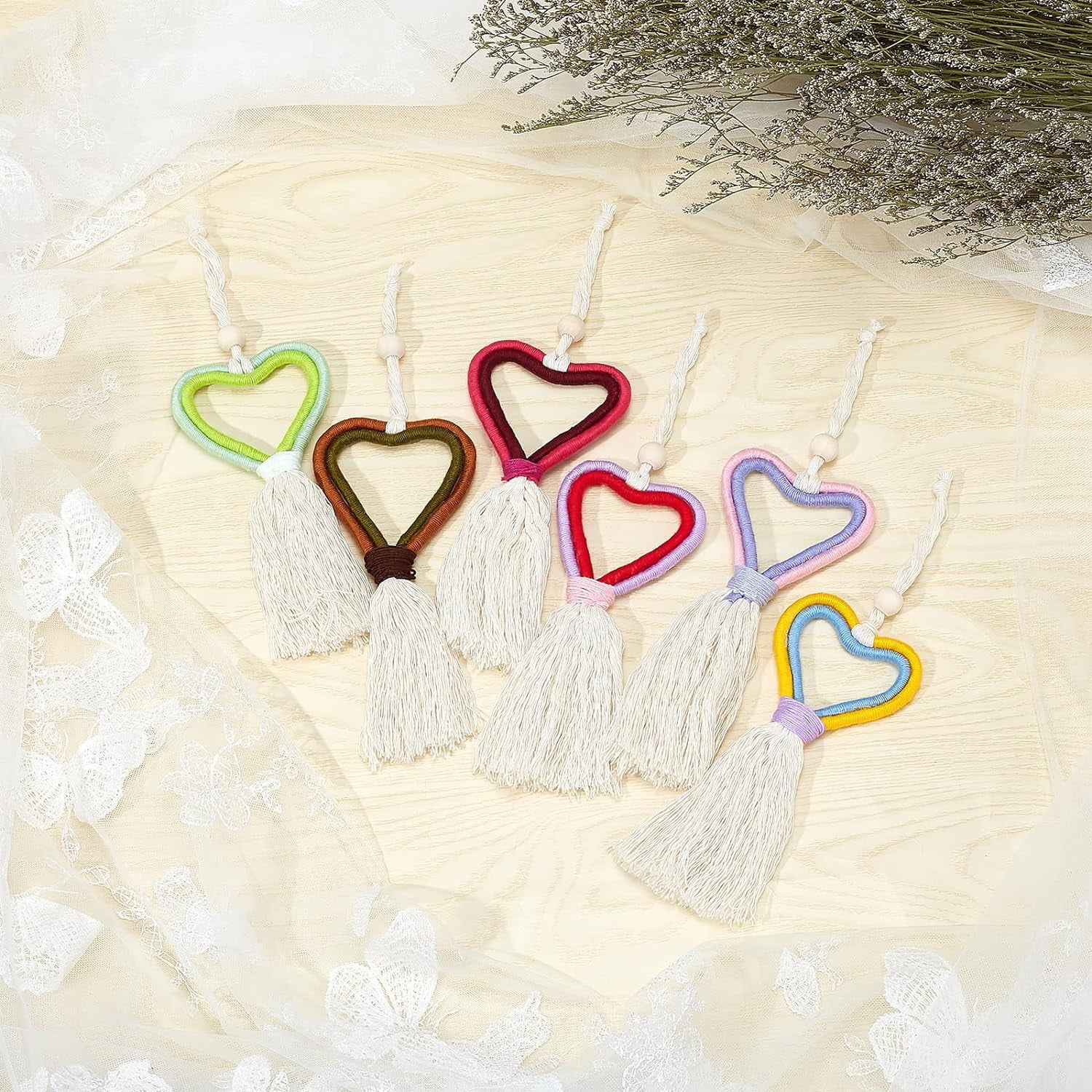 6Set Macrame Heart Car Pendant Macrame Car Charm Macrame Kit for ...