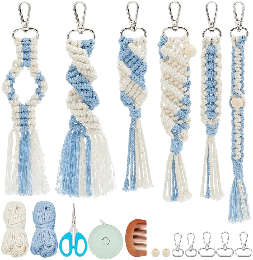 6Set Macrame Keychain Kit 2 Colors Macrame Keychain Kit Summer Macrame Hanging Ornament Macrame ...