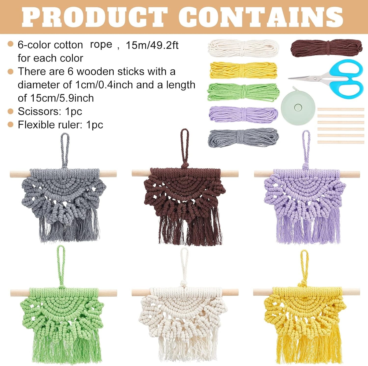 6Set Macrame Kit for Beginners Mini Macrame Wall Hanging Decor DIY ...