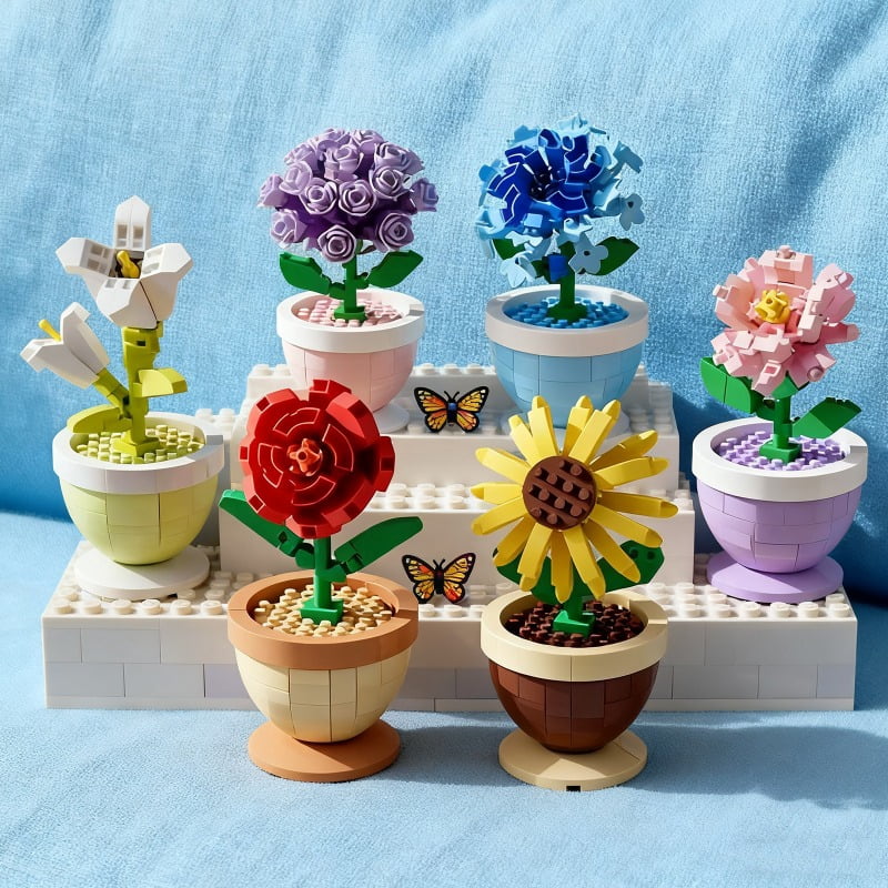 6Set Mini Flower Bonsai DIY Potted Plant Building Blocks, Watering Can ...