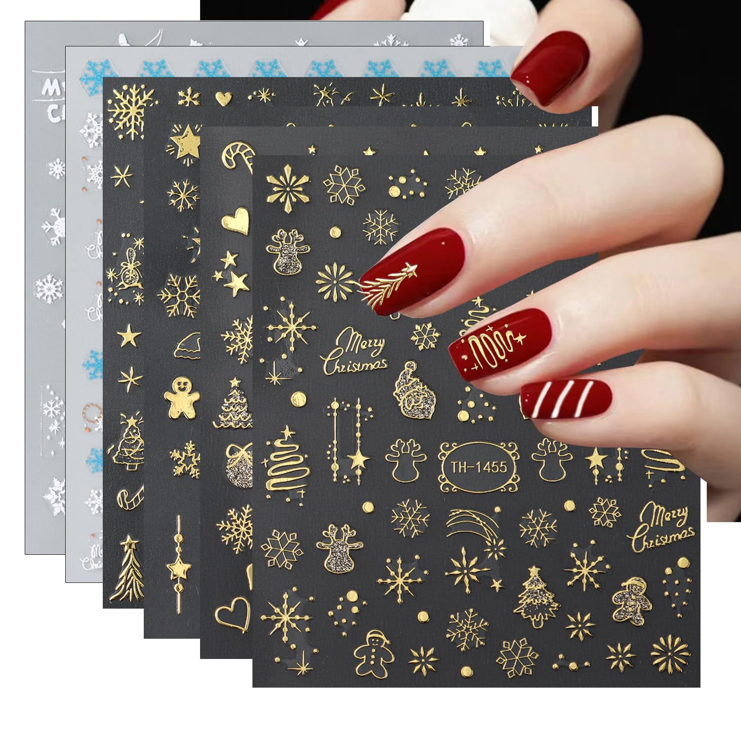 6Sheets Christmas Nail Art Stickers 3D Self-Adhesive Nail Gold ...