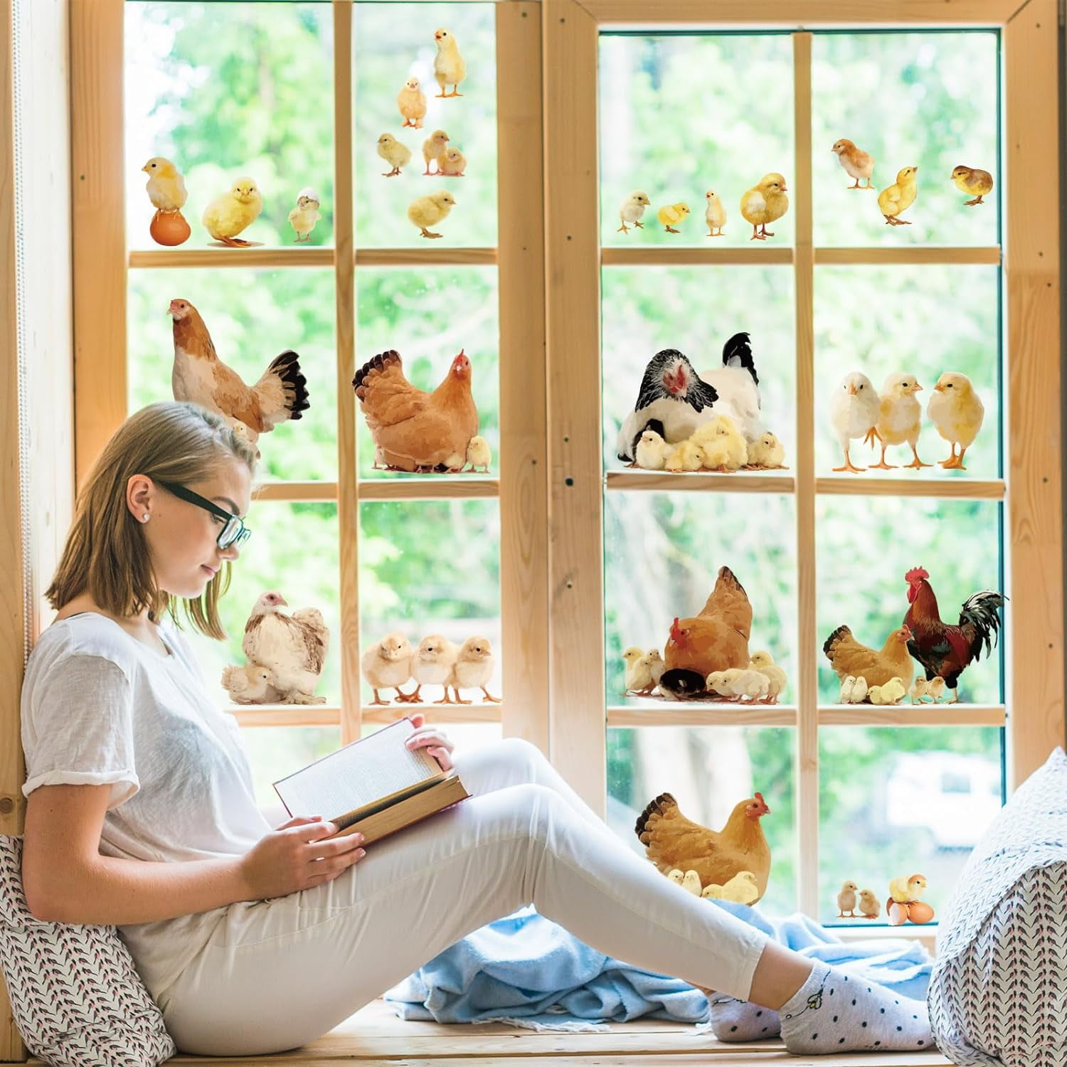 6Sheets Cute Chickens Static Window Decals Farm Rooster Hens Window ...