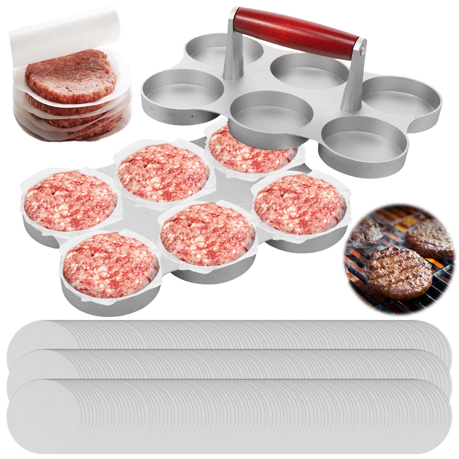 6Slot Mini Burger Press Small Meat Patty Maker with 300 Patty Paper 2. ...