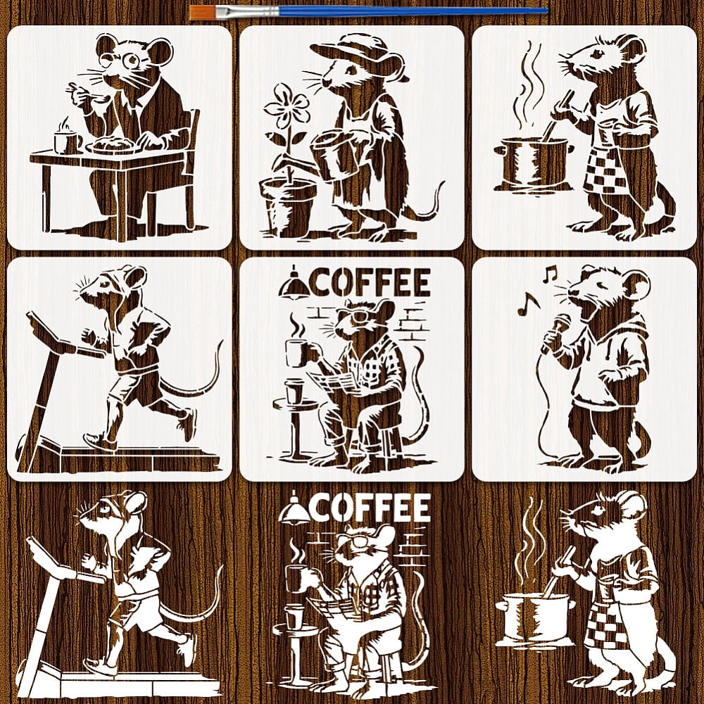 6Styles Rat Pattern Stencils with a Brush 11.8x11.8Inch Mouse Living ...