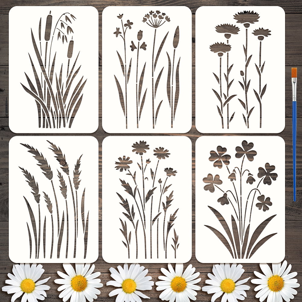 6Styles Wildflowers Pattern Stencils with a Brush 11.7x8.3Inch Weeds ...