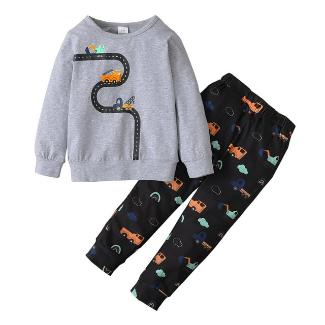 6T Little Boys Clothes 5-6Y Outfits Baby Boys Cartoon Excavator Print Long Sleeve Top Pants Set ...