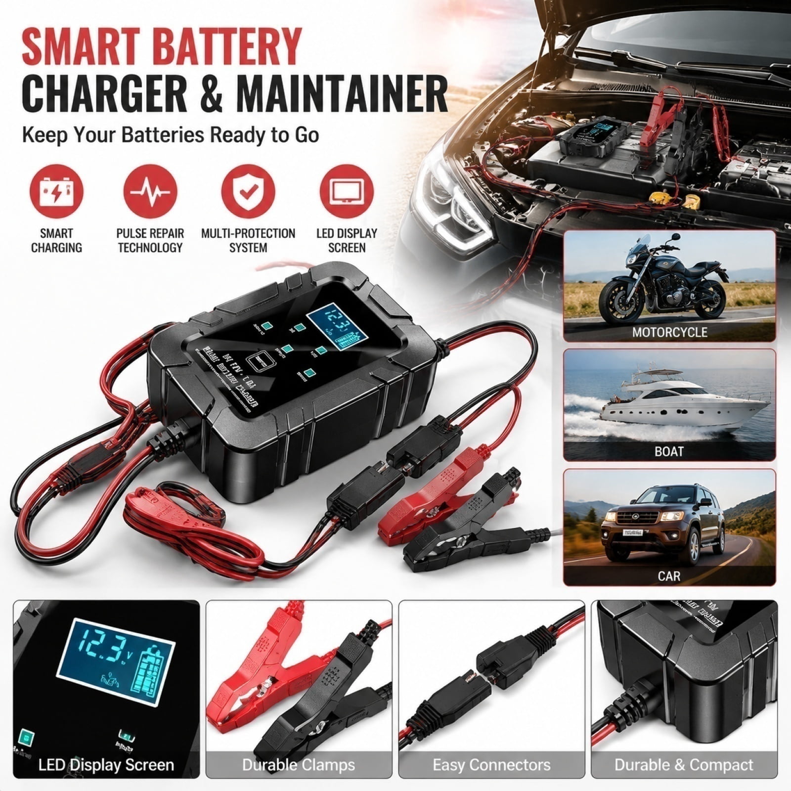 6V/12V Smart Battery Charger, Pulse Desulfator Repairer with LED ...