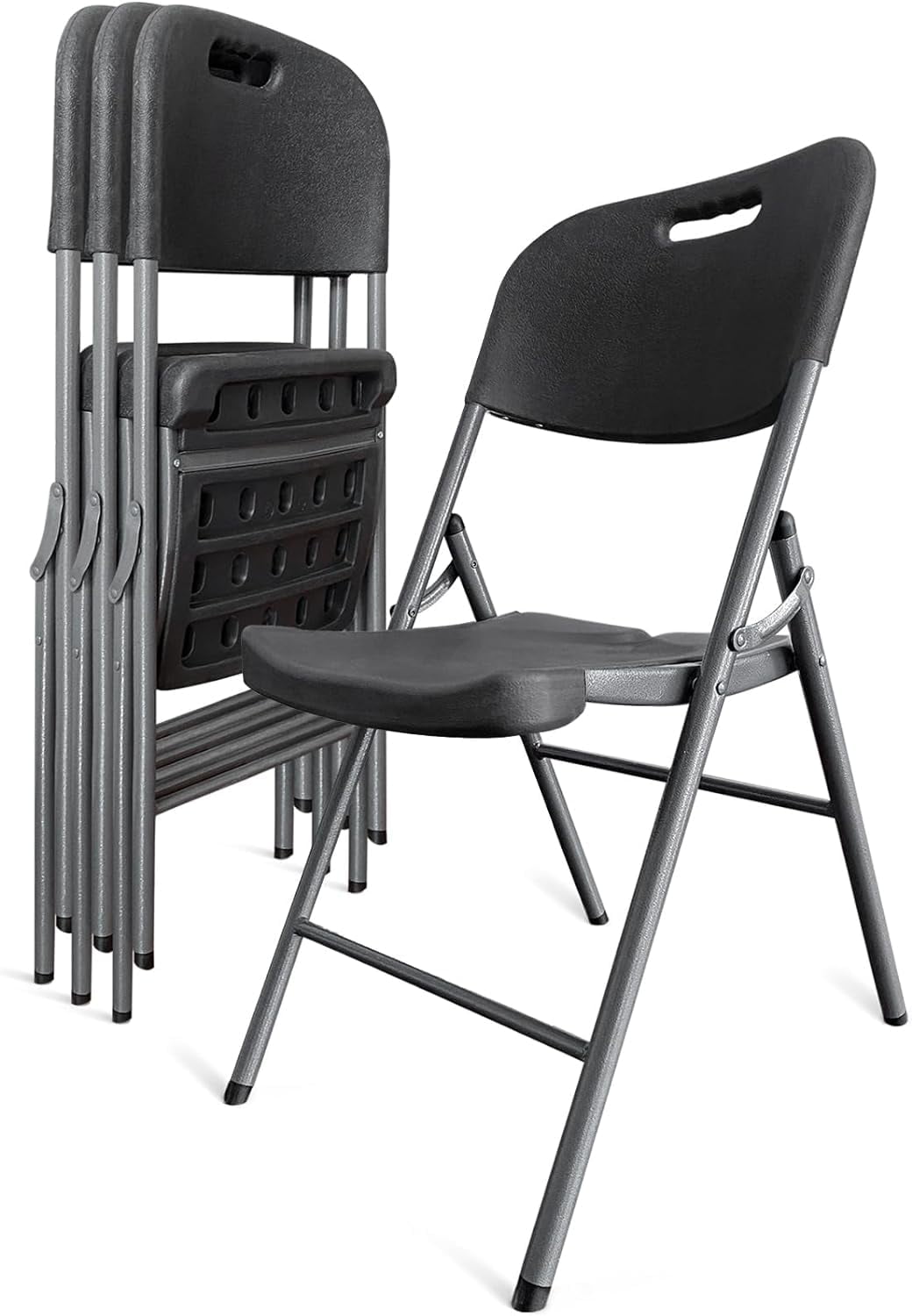 6V-Sermmoo 4 Pack Black Plastic Folding Chair, Indoor Outdoor Stackable Seat,750LB Capacity ...