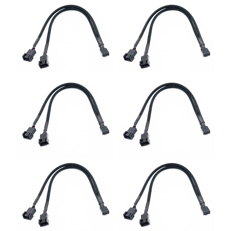6X 1 to 2 Way Braided Cable Y Splitter 3/4 Pin PWM Male Connector Fan ...