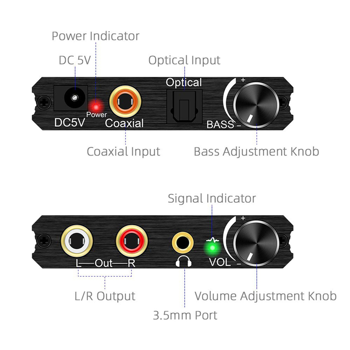 6X 192KHz Digital to Analog Audio Converter with Bass Volume Adjustment ...