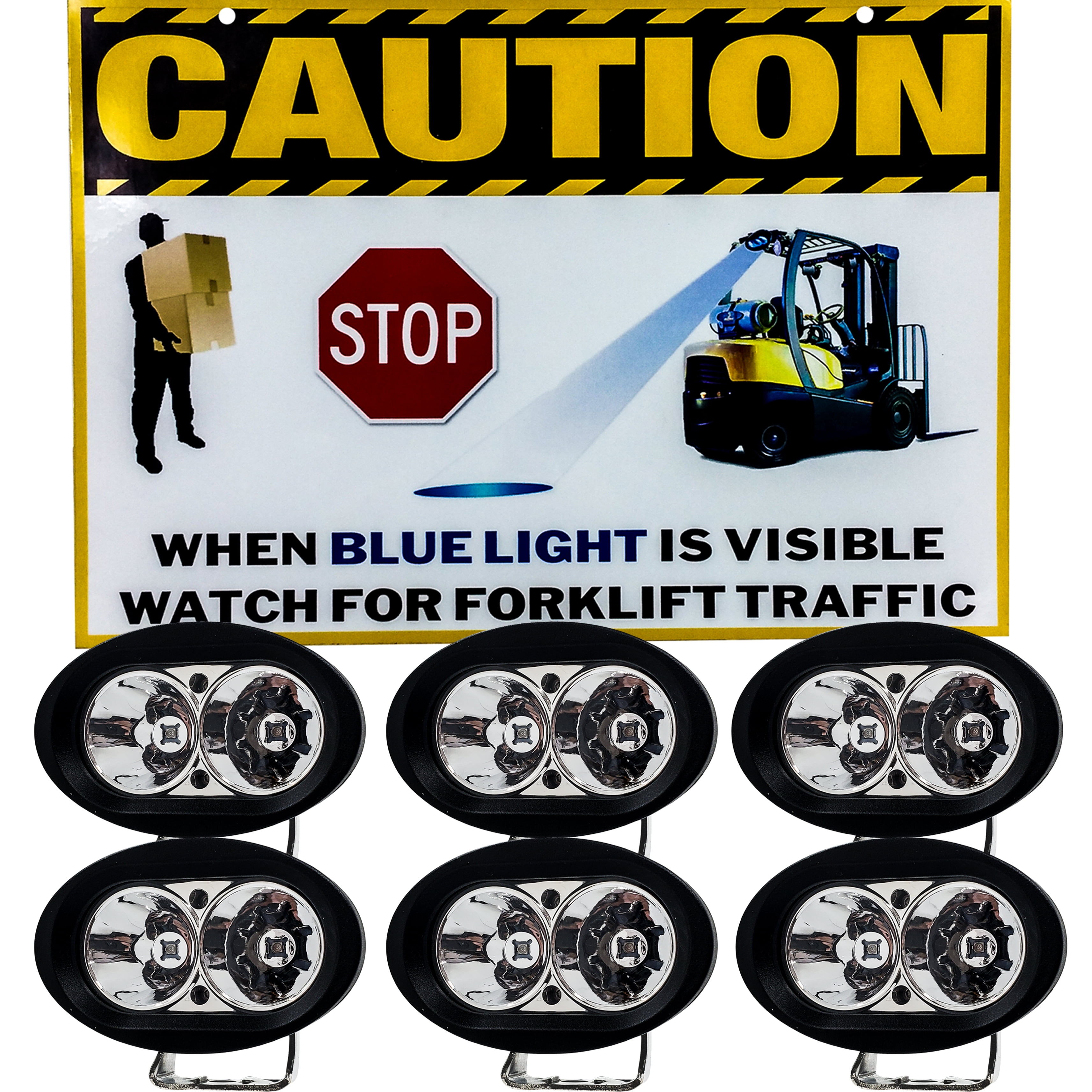 6X Blue Forklift LED Light and Warehouse Safety Laminated Vinyl Caution ...