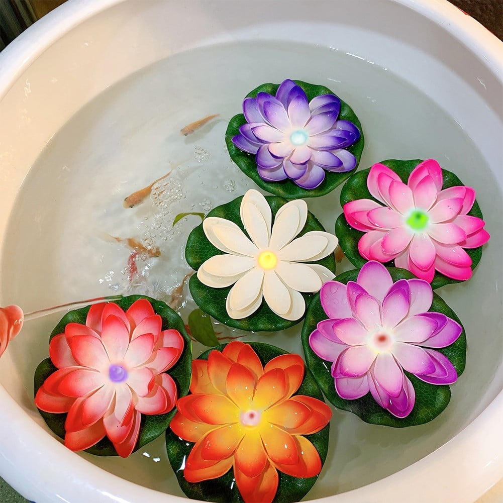 6X LED Fake Water Lily Lotus-Leaf Flowers Floating Pool Light ...