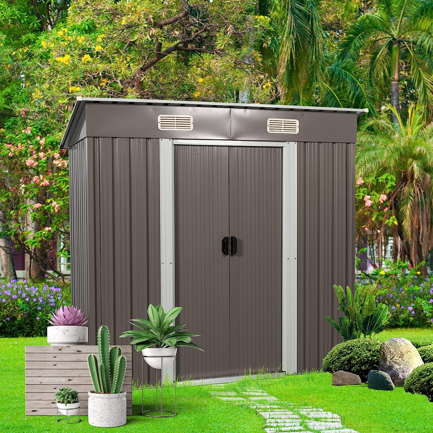 6X4 FT Outdoor Storage Shed, Waterproof Metal Garden Sheds with ...