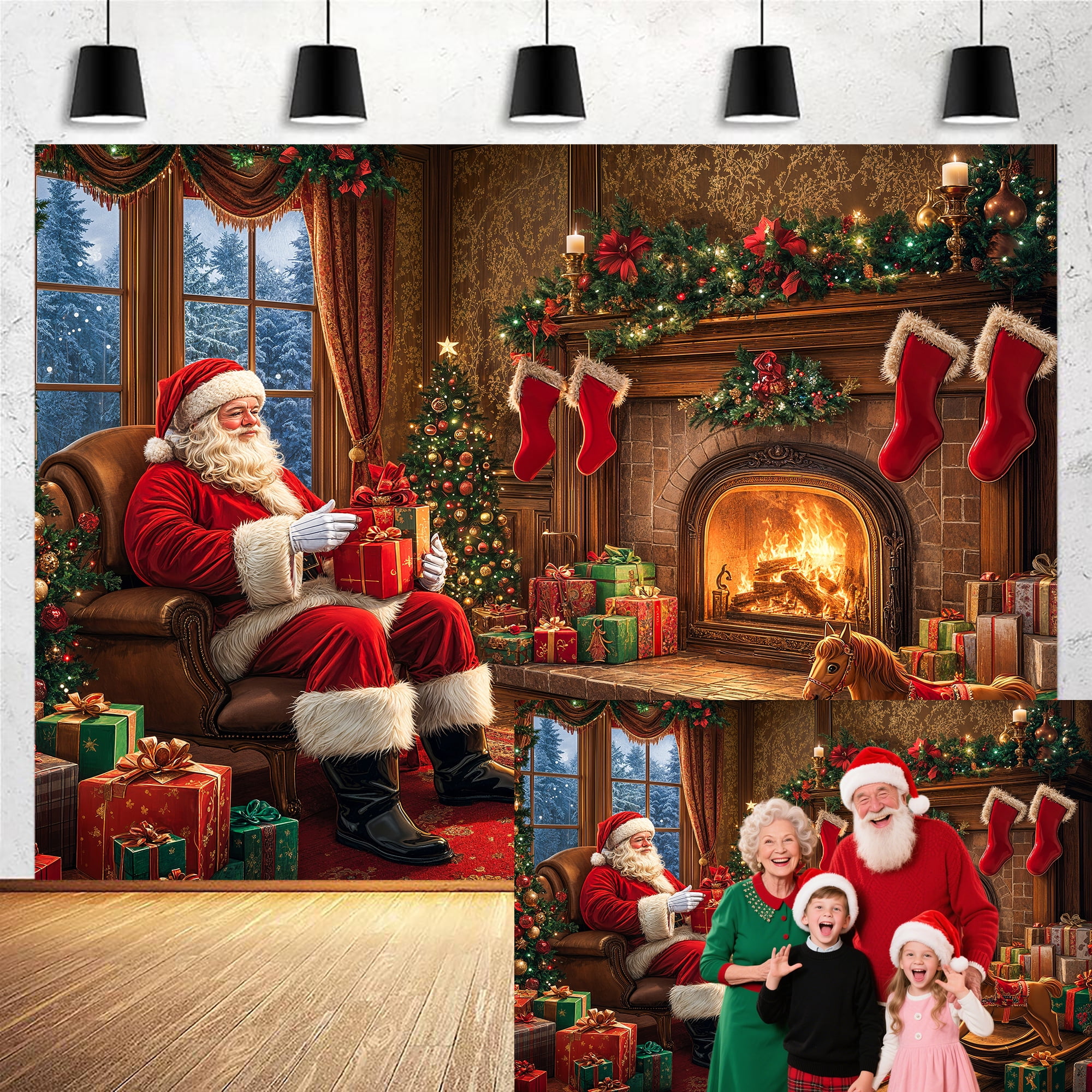 6X4FT Christmas Fireplace Photo Backdrop Vintage Winter Santa Claus ...
