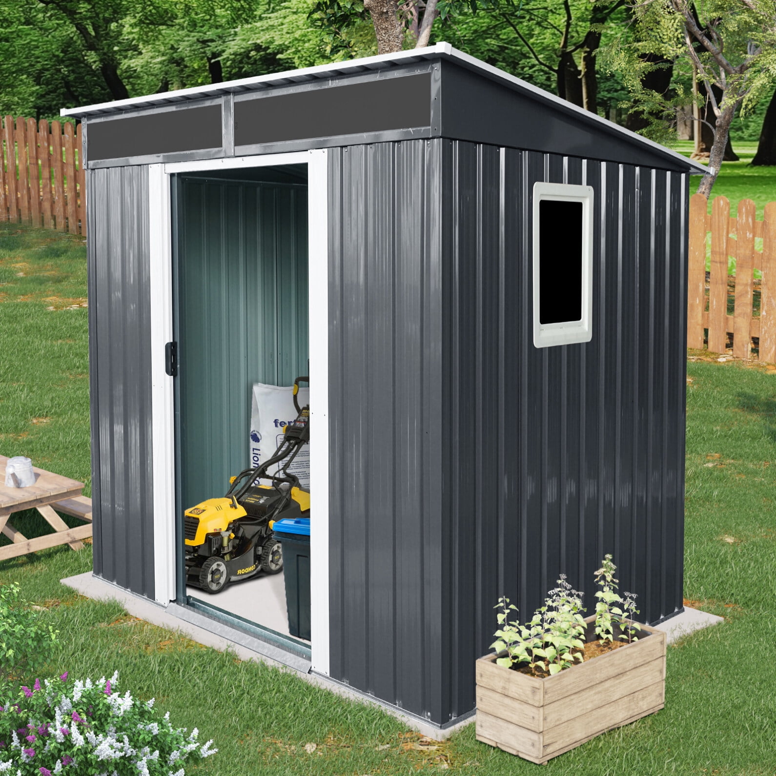 6X5 FT Outdoor Metal Storage Shed with Foundation, Waterproof Garden ...