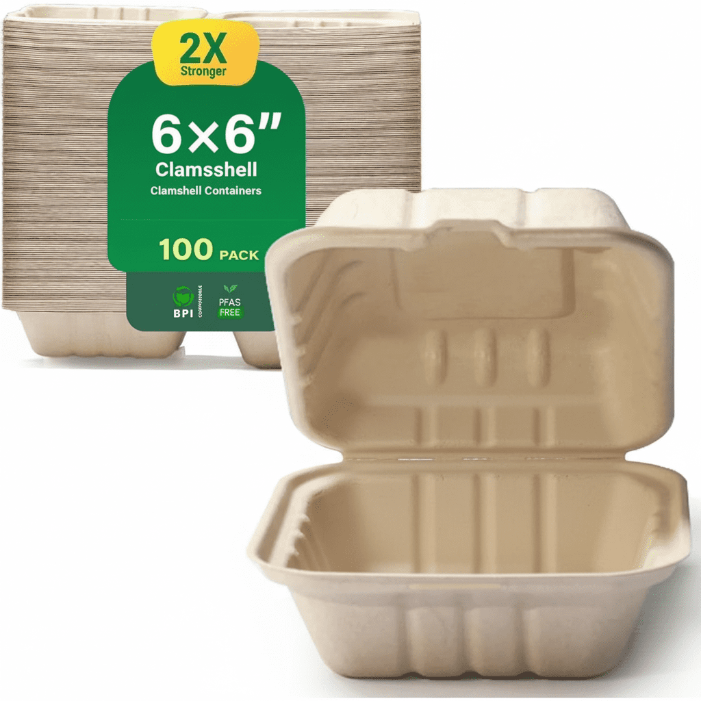 [6X6", 100-Pack] 100% Compostable Clamshell Food Containers for Takeout ...