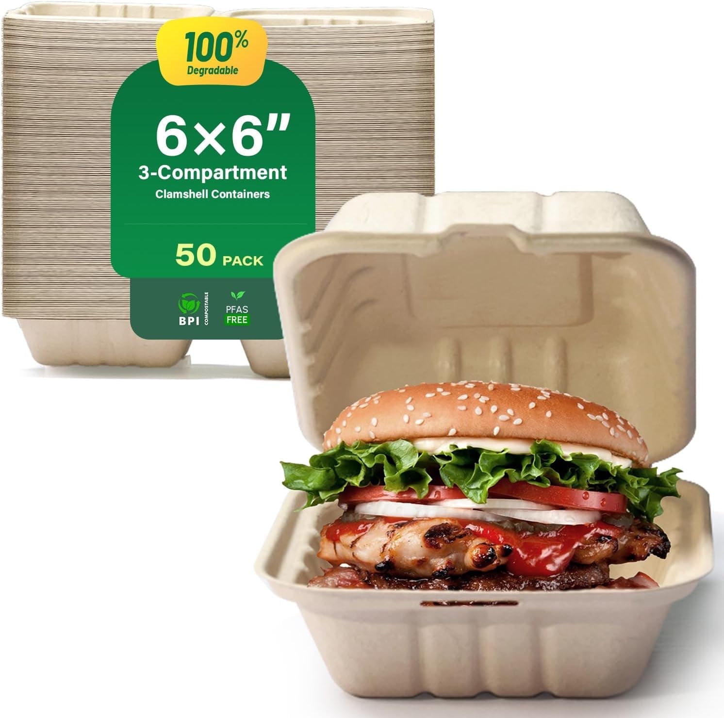 [6X6", 50-Pack] 100% Compostable Clamshell Food Containers for Takeout ...