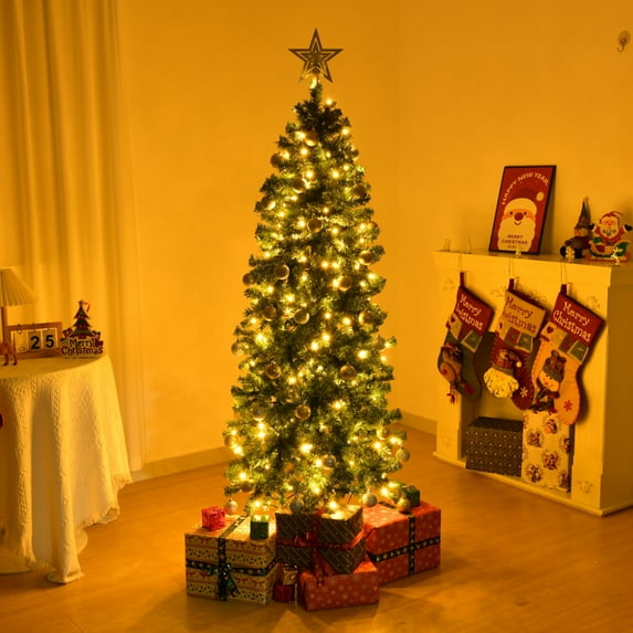 6ft Artificial Hinged Slim Pencil Prelit Christmas Tree with 400 Branch ...