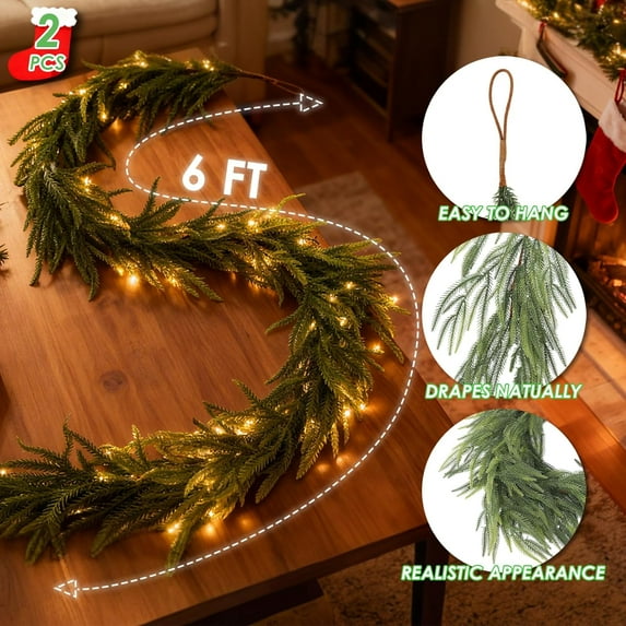 6ft Artificial Norfolk Pine Garland with Lights, 2Pcs Christmas ...