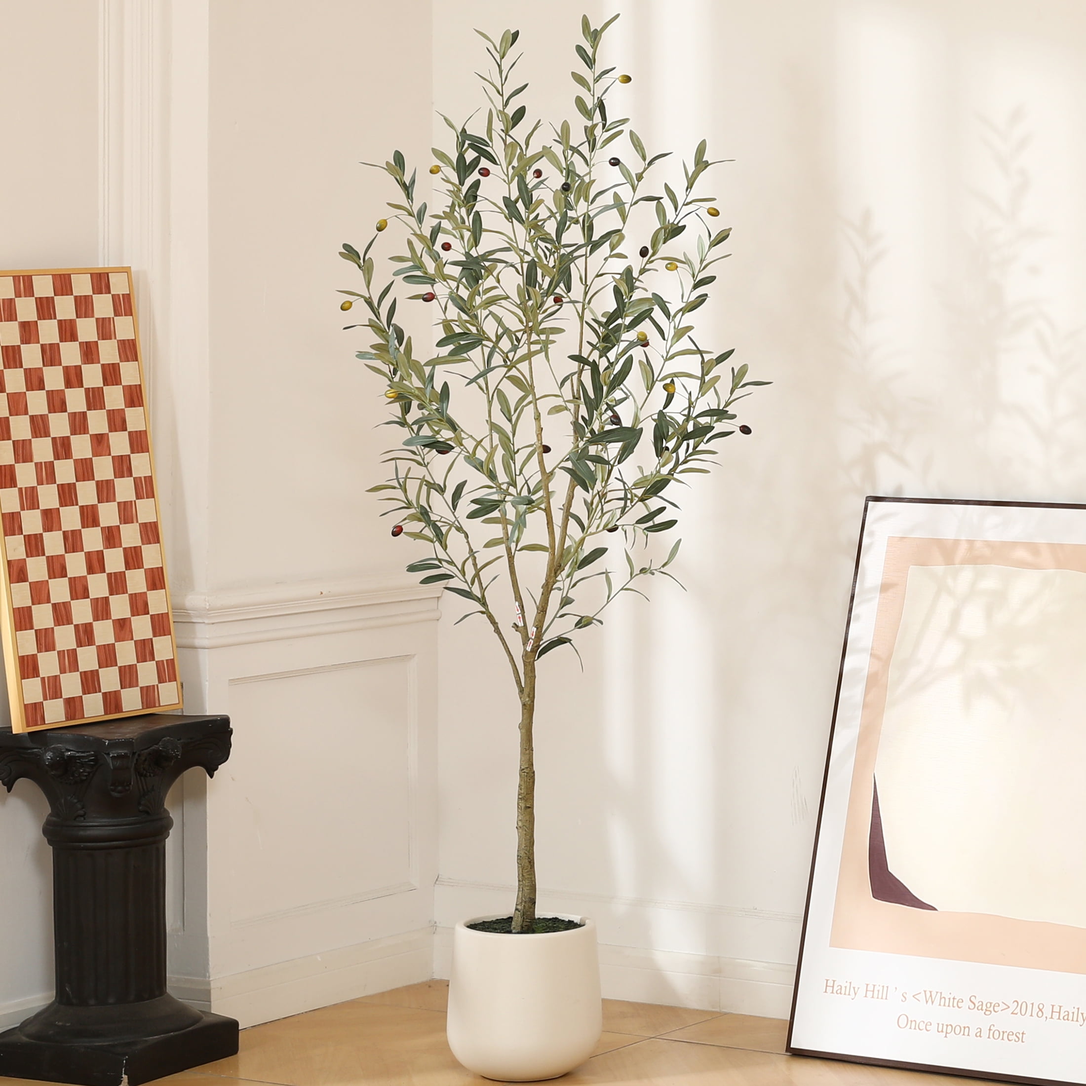 6ft Artificial Olive Tree in Ellipse White Pot, 1 Pack - Realistic Faux ...