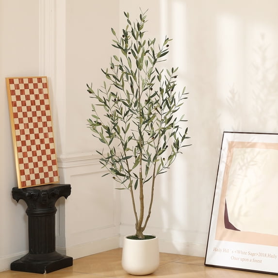 6ft Artificial Olive Tree in Large White Round Pot - Realistic ...