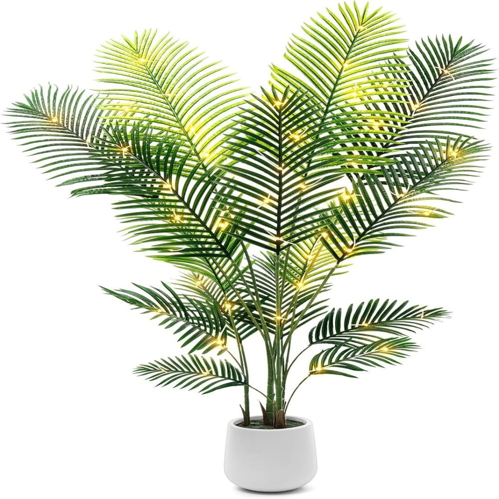 6ft Artificial Palm Tree with LED Fairy Lights & White Planter ...