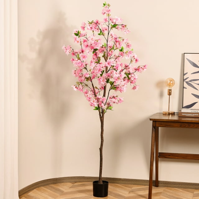 6ft Artificial Pink Cherry Blossom Tree in Black Pot, Faux Wishing Tree ...
